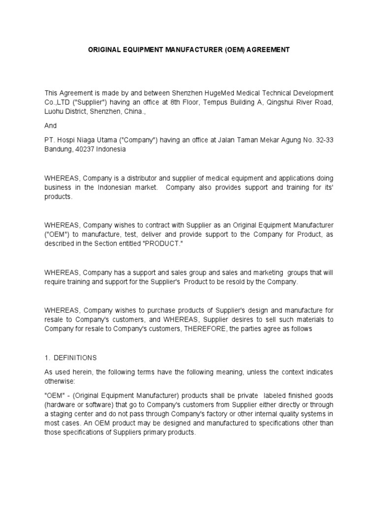 Original Equipment Manufacturer (Oem) Agreement | PDF | Indemnity ...