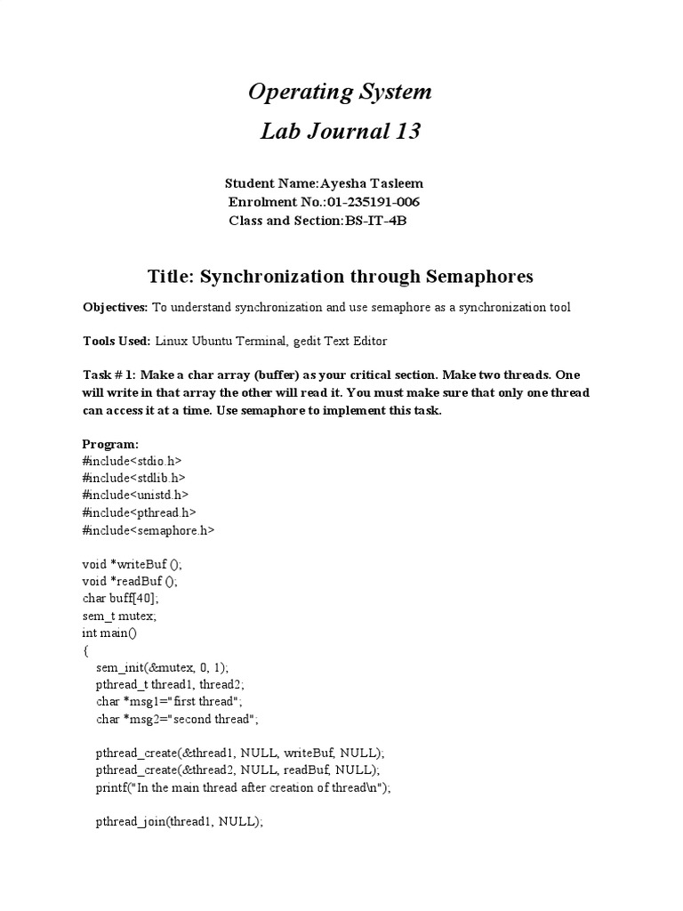 Operating System Lab Journal 13: Title: Synchronization Through Semaphores | PDF