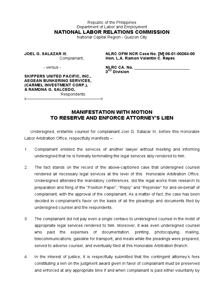 Motion to Reserve and Enforce Attorney's Lien | PDF | Metro Manila ...