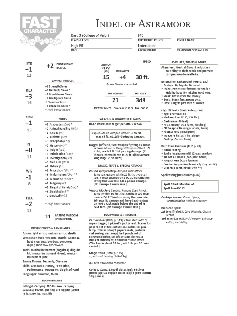 Fast Character Maker - Character Sheet For High Elf Bard 3 (College of ...