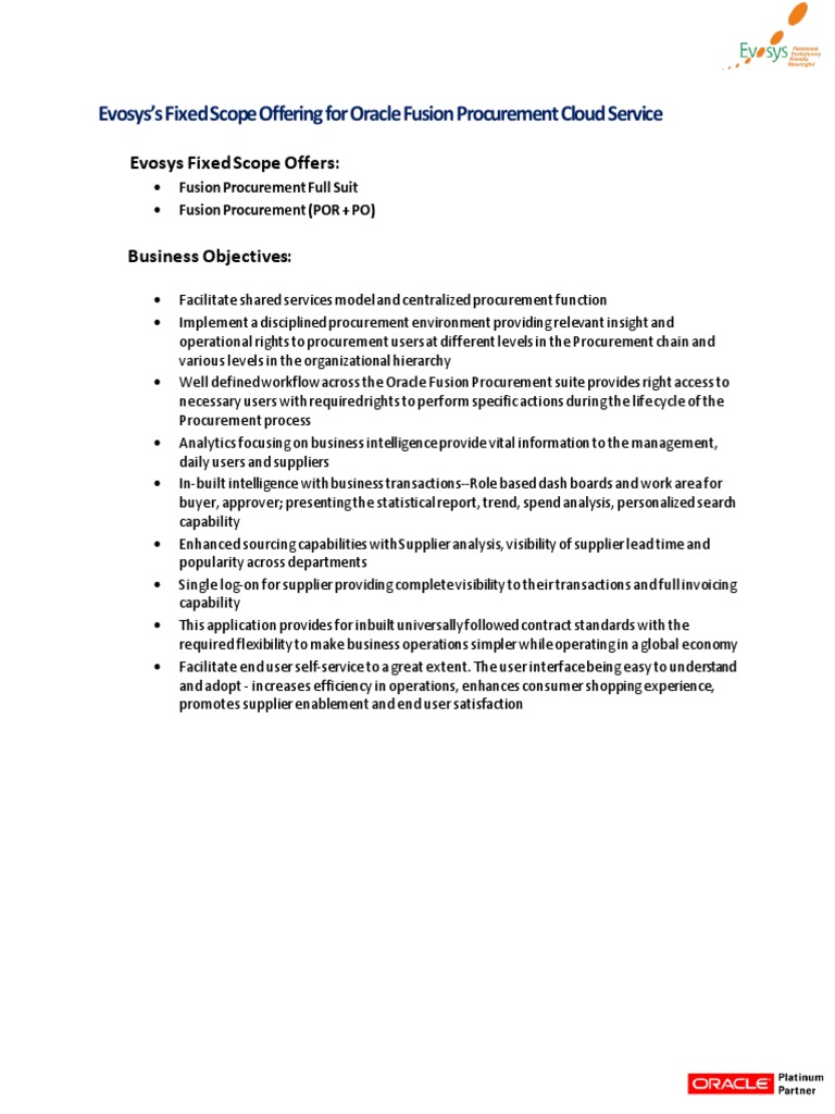 Evosys Fixed Scope Offering For Oracle Fusion Procurement Cloud Service | PDF | Procurement ...