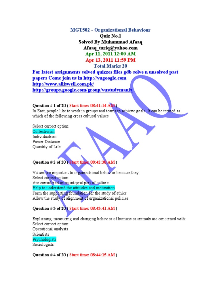 MGT 502 Quiz # 01 Solved by Afaaq | PDF | Attitude (Psychology) | Leadership