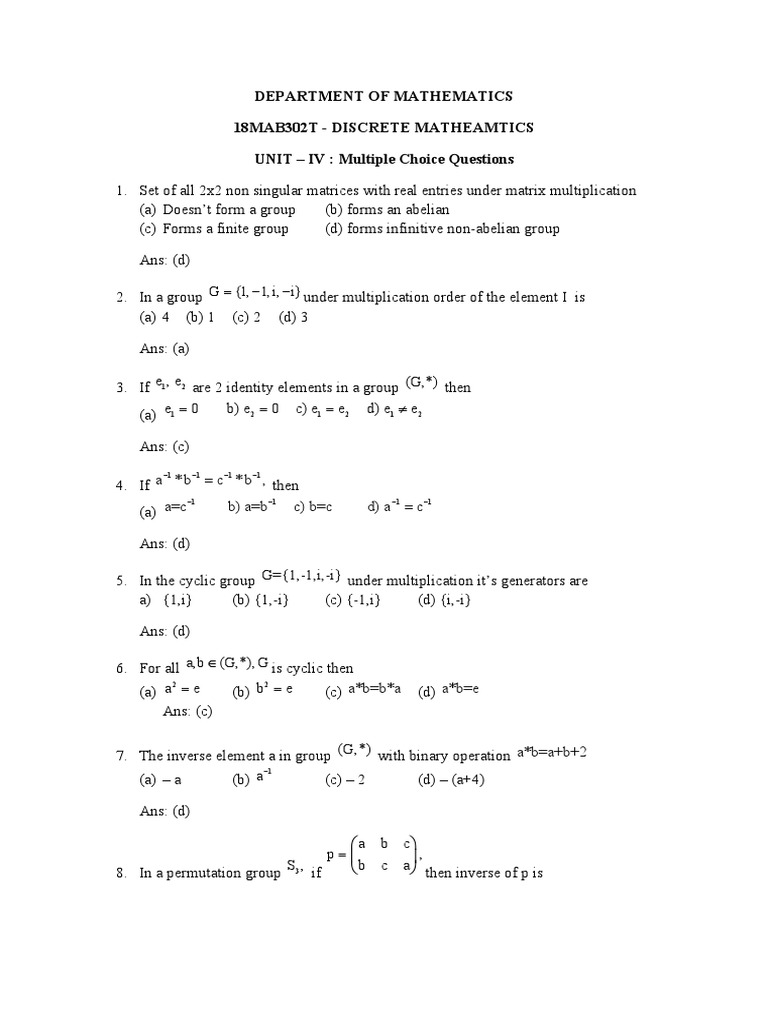 Department of Mathematics 18Mab302T - Discrete Matheamtics UNIT - IV ...