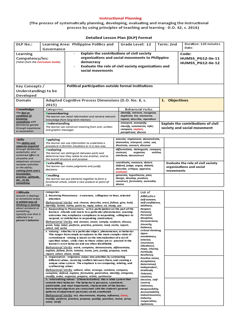 Detailed Lesson Plan (DLP) Format: Instructional Planning | PDF | Value ...