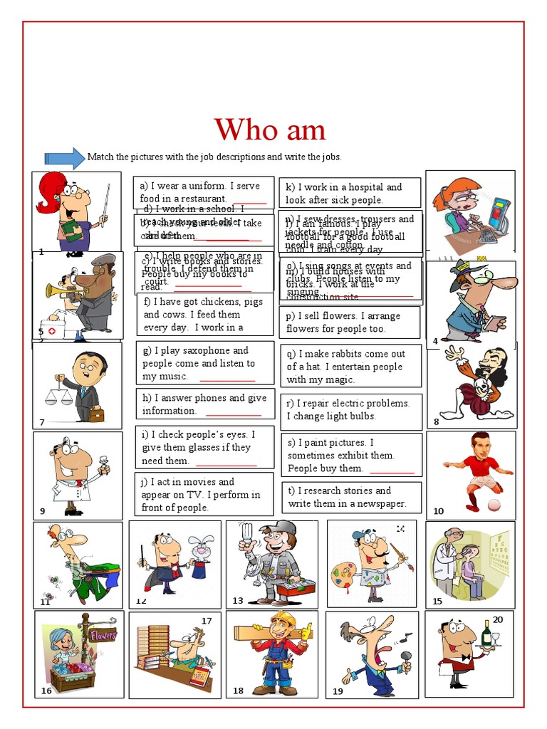 Who Am I?: Match The Pictures With The Job Descriptions and Write The ...