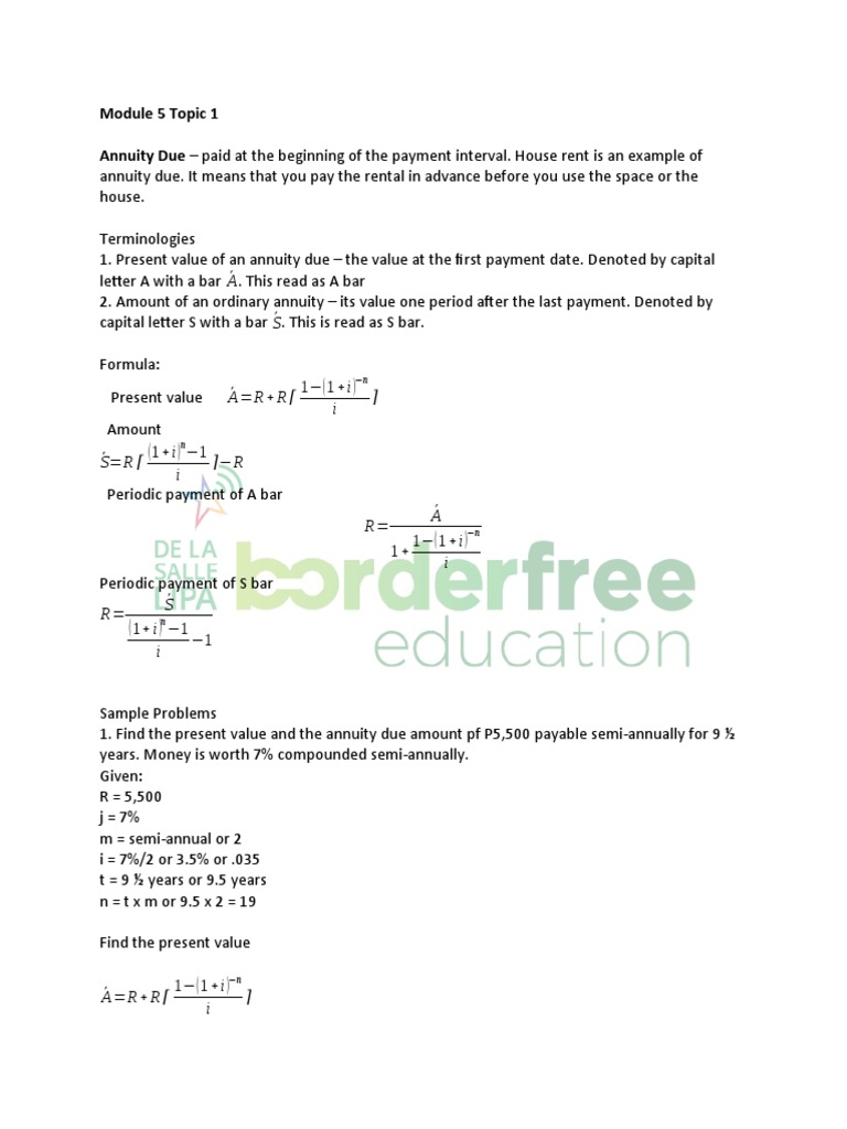 Module 5 Topic 1 Annuity Due - Paid at The Beginning of The Payment ...