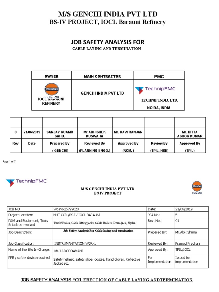 Jsa For Cable Laying & Termnation | PDF | Electrician | Safety