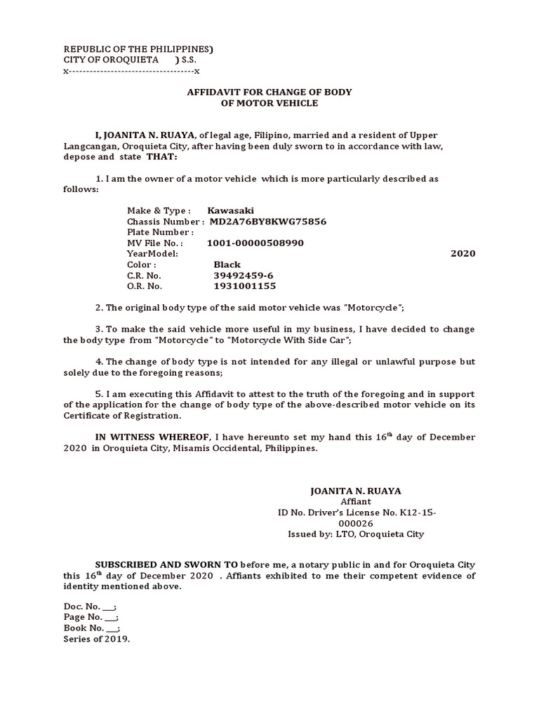 Affidavit of Change of Body of A Motor Vehicle FINAL | PDF