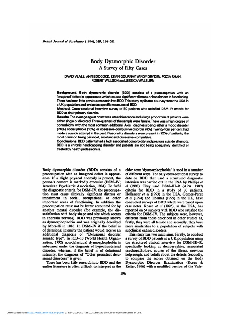 Body Dysmorphic Disorder | PDF | Mental Disorder | Diagnostic And ...