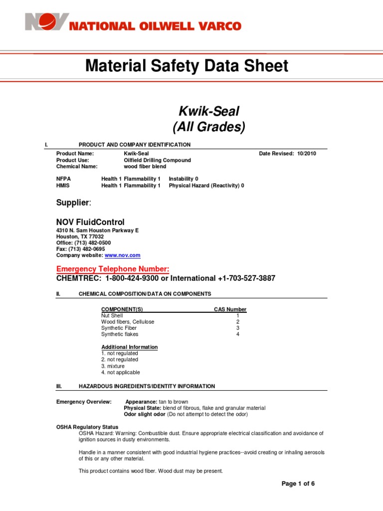 Material Safety Data Sheet for Kwik-Seal Oilfield Drilling Compound ...
