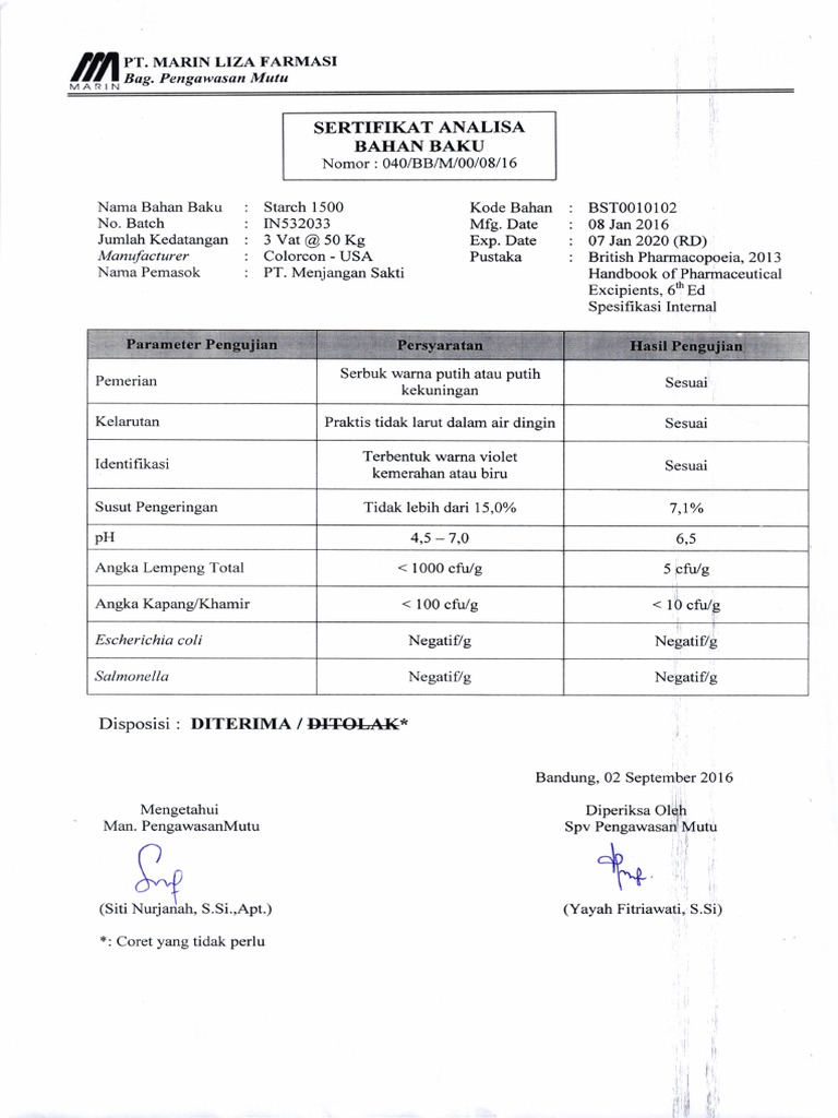 Analisis Starch 1500 Colorcon | PDF