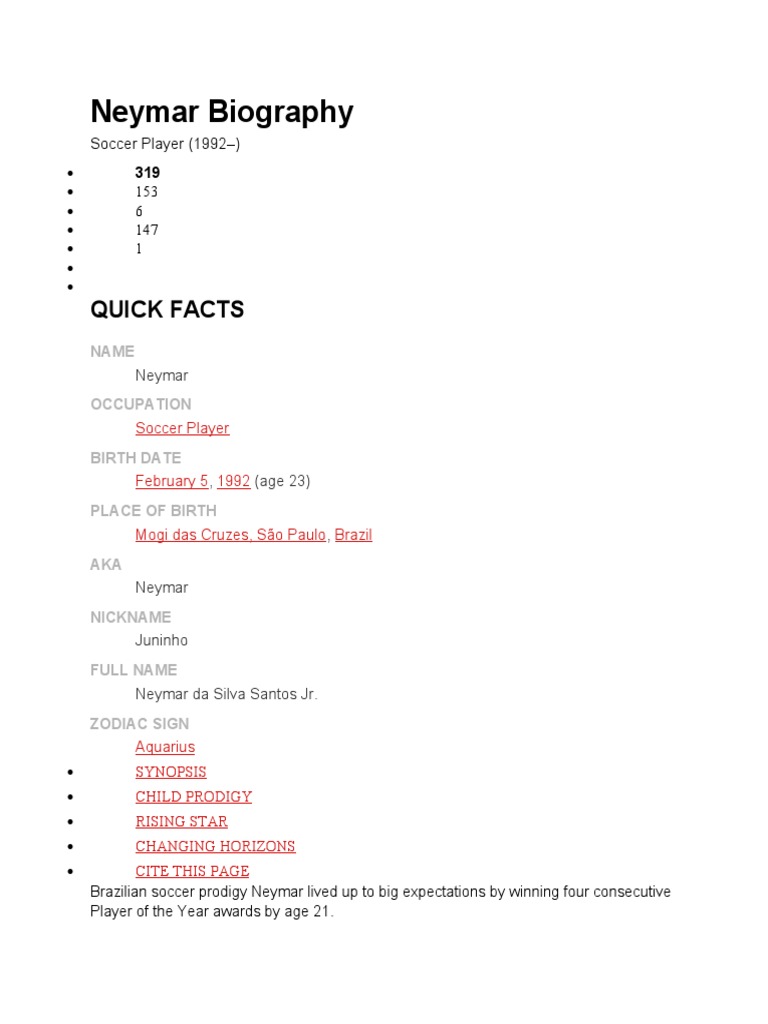 Neymar Biography: Quick Facts | Download Free PDF | Team Sports ...