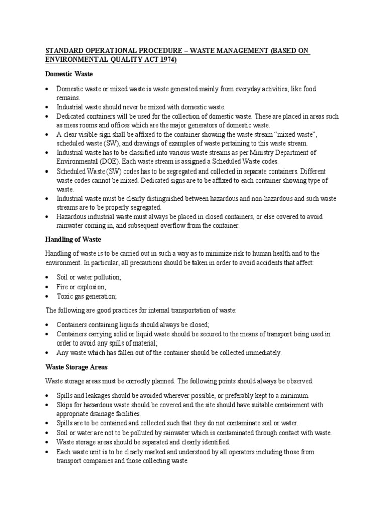 Standard Operational Procedure - Waste Management (Based On ...