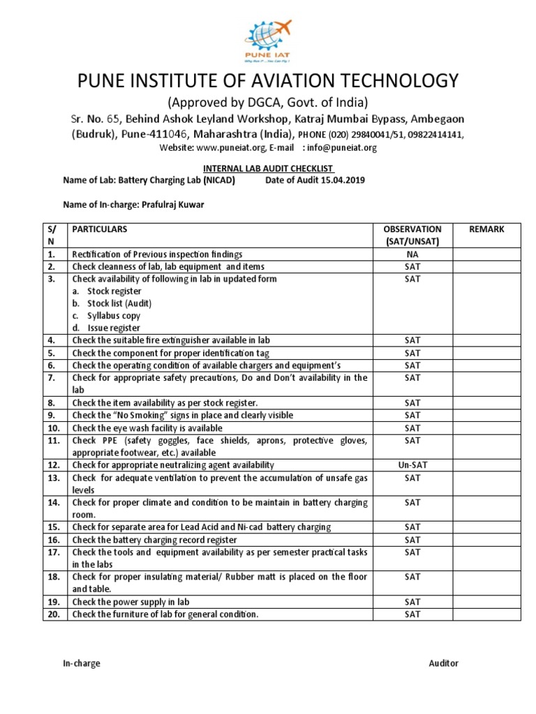 Internal Lab Safety Audit Checklist | PDF | Battery Charger | Safety
