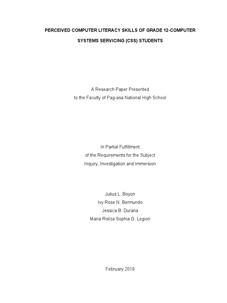 Computer Literacy Skills of Grade 12 Css Students Completed Research ...