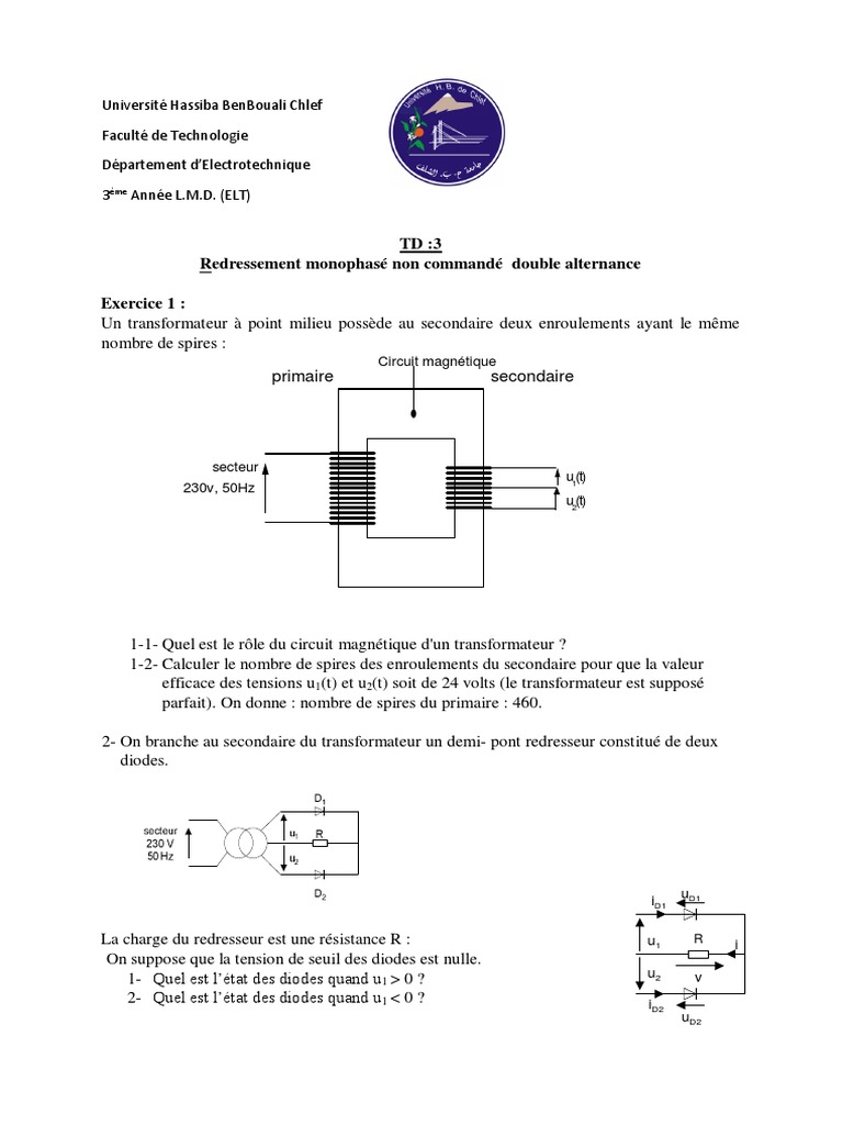 Fiche TD 3 Exercices - Redressement Monophasé Double | PDF | Redresseur | Transformateur électrique