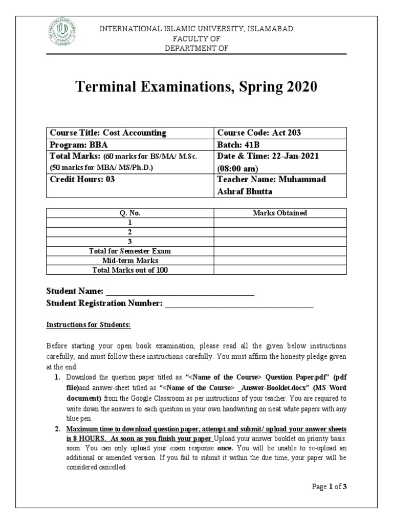 Cost Accounting Exam Instructions 2021 | PDF | Test/Examination ...