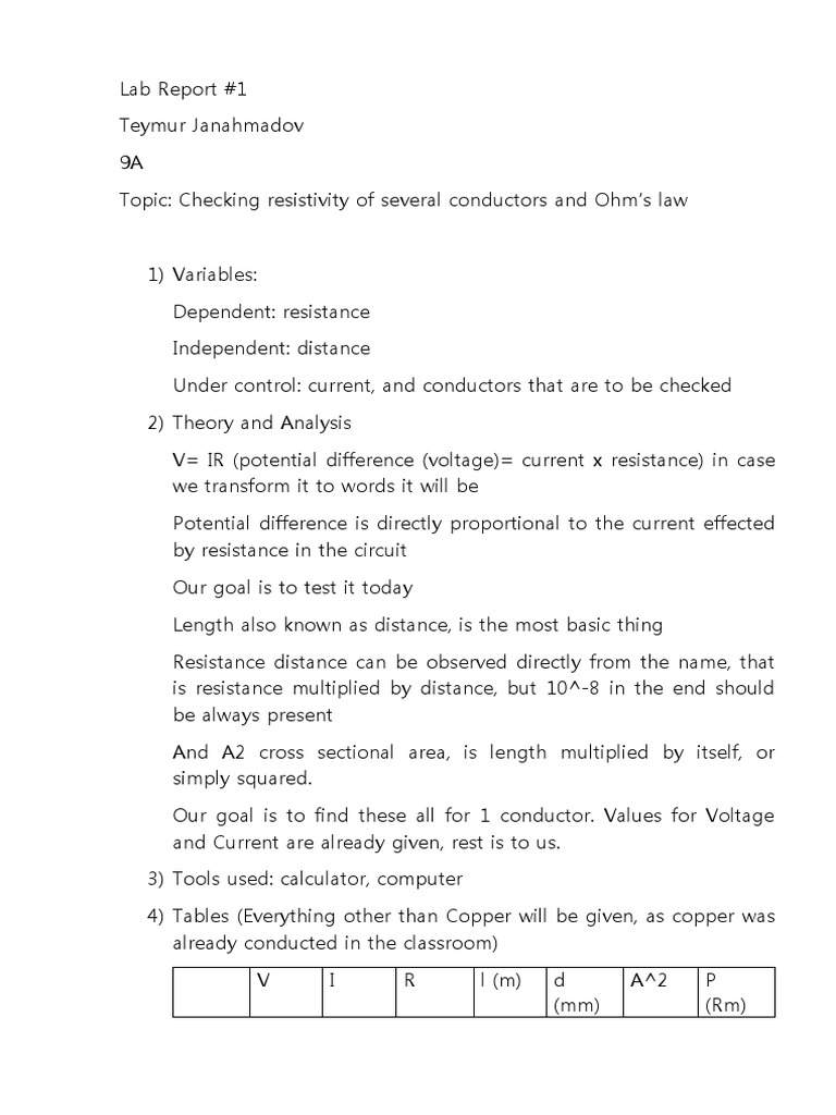 Lab Report | PDF | Electrical Resistivity And Conductivity | Electrical ...