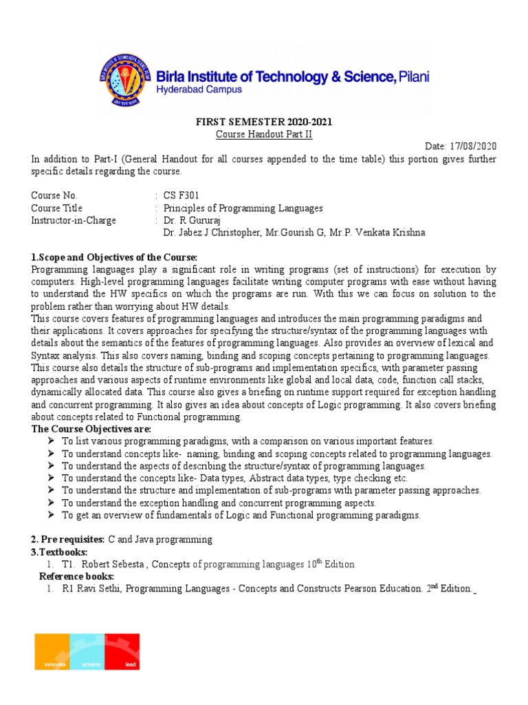 FIRST SEMESTER 2020-2021: 1. of Programming Languages 10 Edition 1 ...