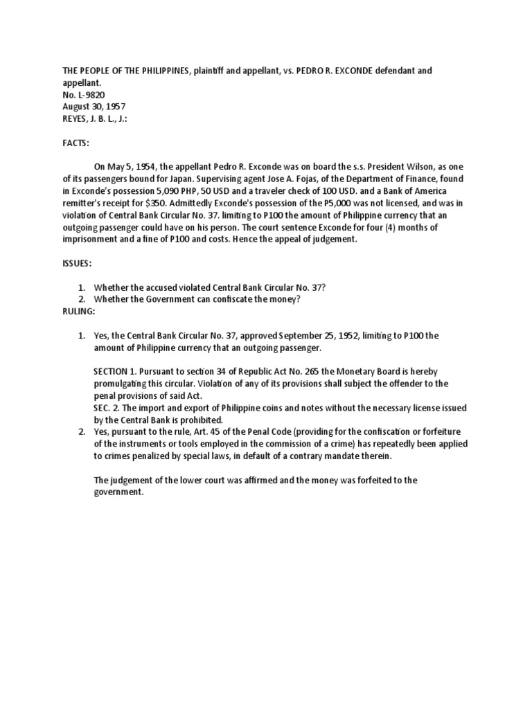 Exconde Currency Violation Case | PDF | Politics | Law
