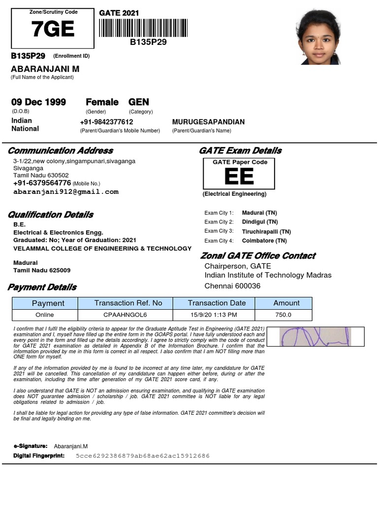 09 Dec 1999 Female GEN: Communication Address GATE Exam Details ...