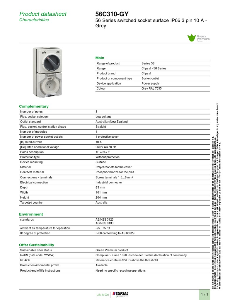 Product Datasheet: 56 Series Switched Socket Surface IP66 3 Pin 10 A ...