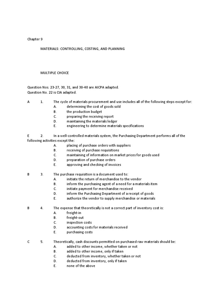 Materials Test Bank | PDF | Inventory | Management Accounting