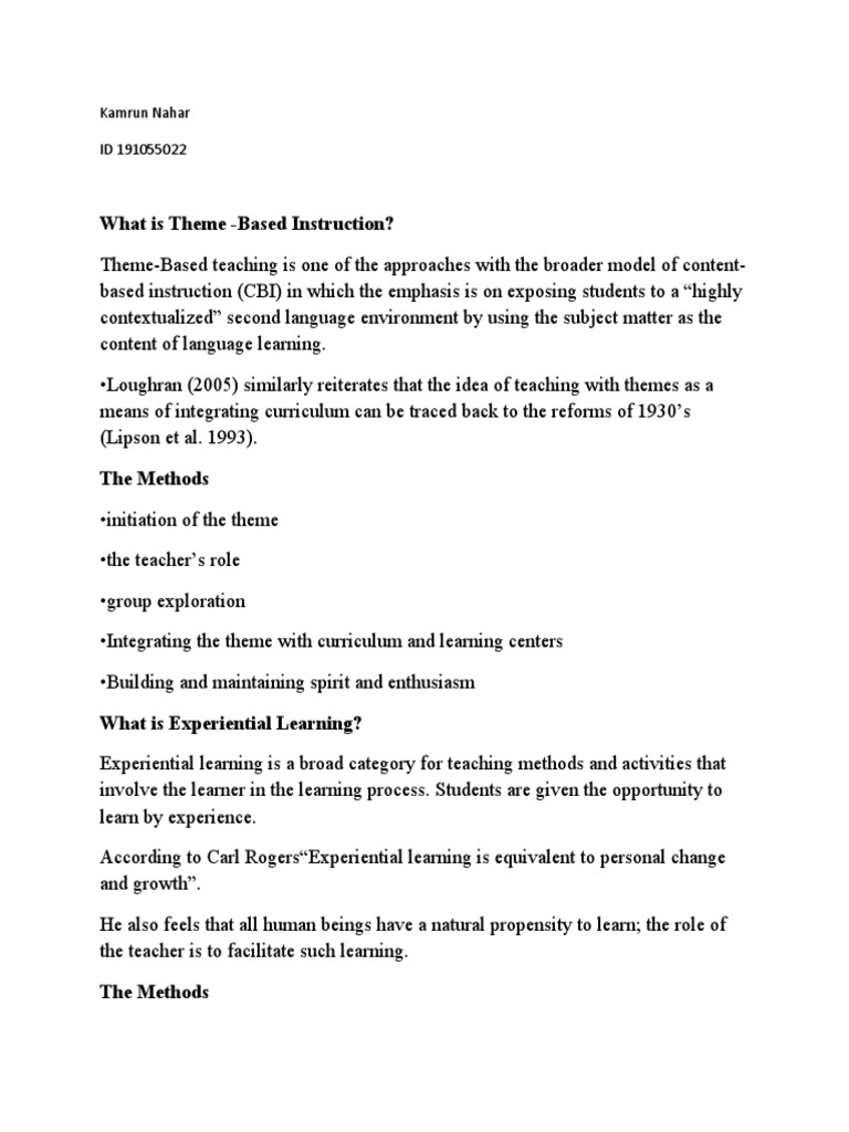 What Is Theme - Based Instruction?: Kamrun Nahar ID 191055022 | PDF ...
