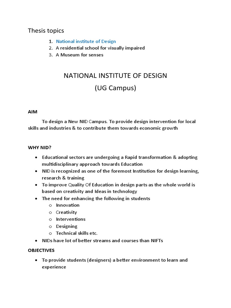 National Institute of Design (UG Campus) : Thesis Topics | PDF | Human ...