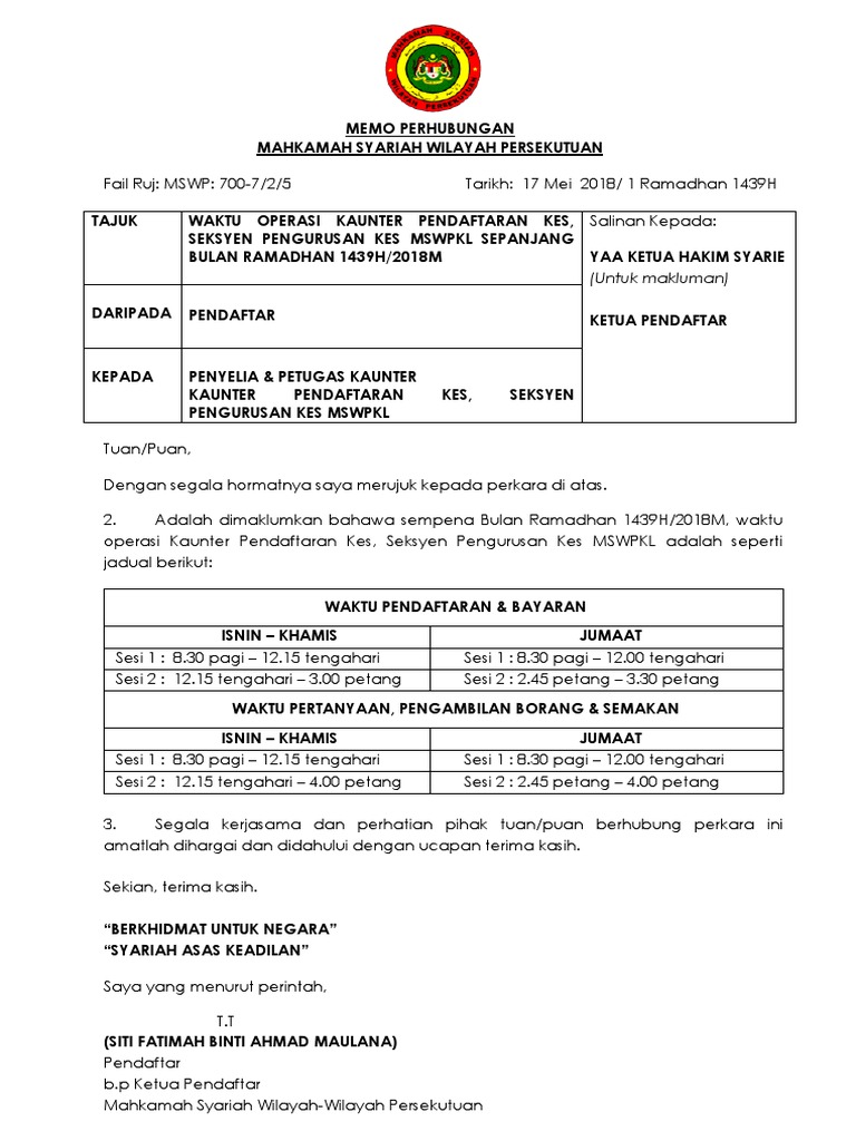 Memo Waktu Operasi Kaunter Ramadhan 2018 | PDF