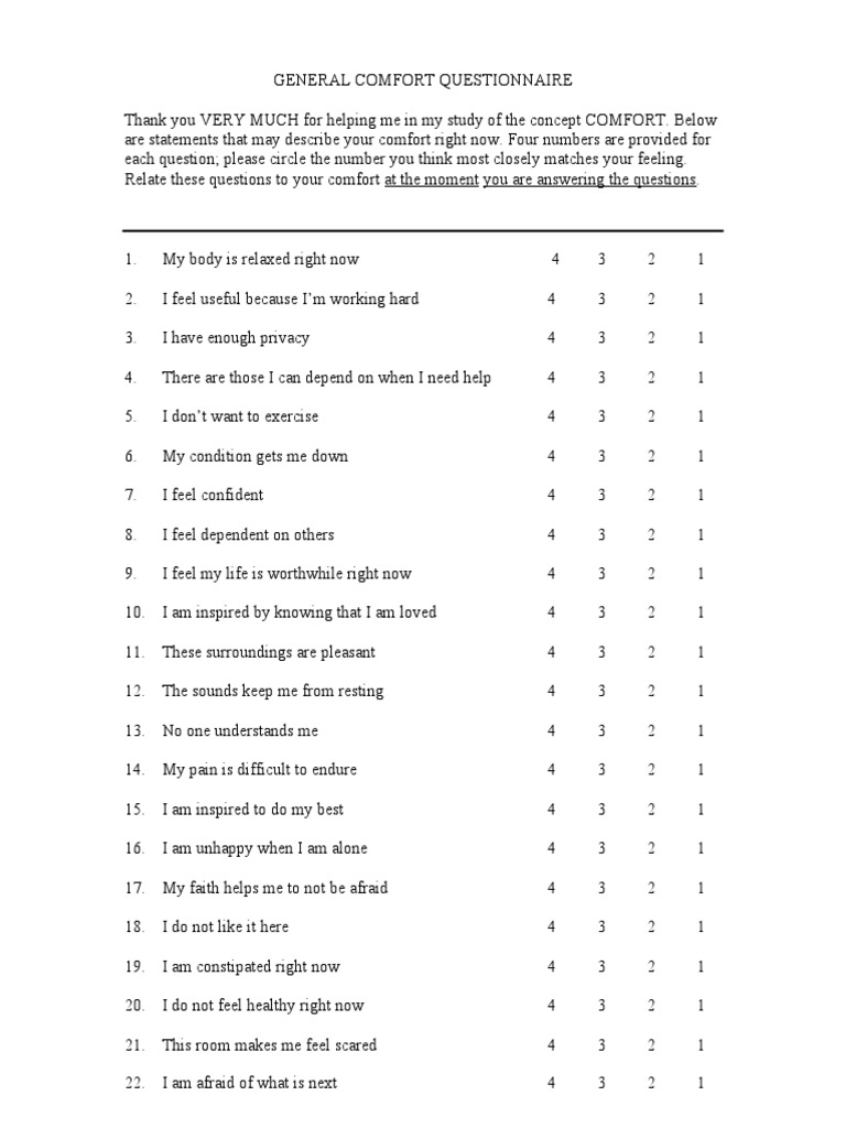 General Comfort Questionnaire Survey | PDF | Psychological Concepts ...
