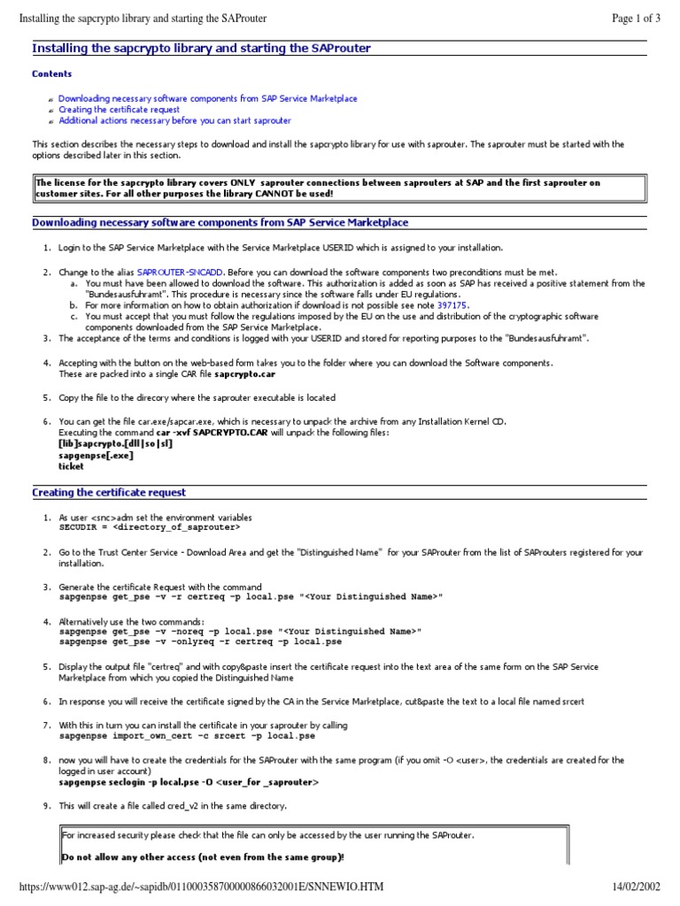 Installing The Sapcrypto Library And Starting The Saprouter Pdf Computer File System Software 