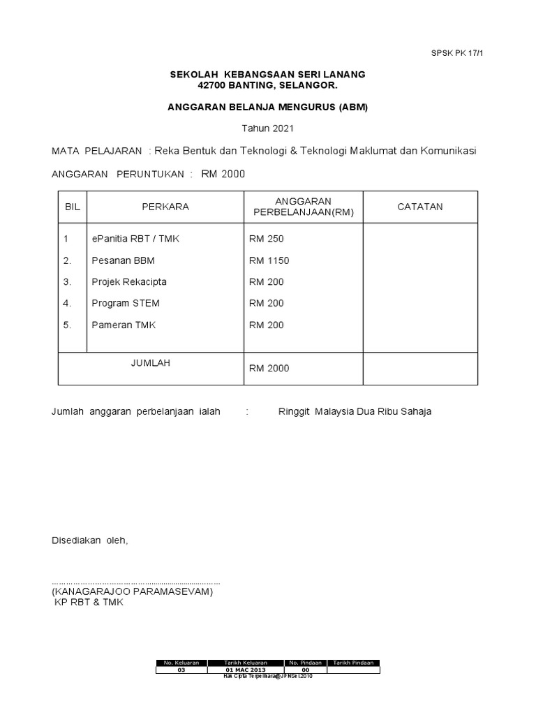 RBT TMK Anggaran Perbelanjaan 2021 | PDF