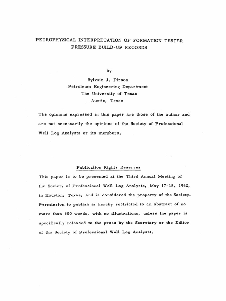 Pirson1962.petrophysical Interpretation of Formation Tester Pressure ...