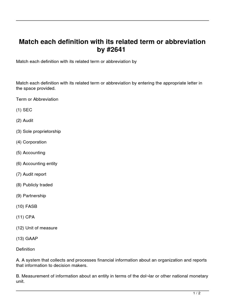 Match Each Definition With Its Related Term or Abbreviation by | PDF ...