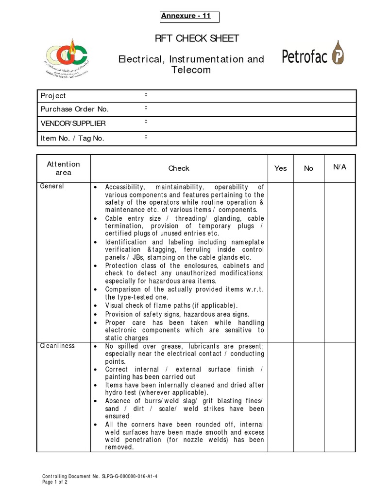 RFT Check Sheet Electrical, Instrumentation and Telecom | PDF | Valve | Rust