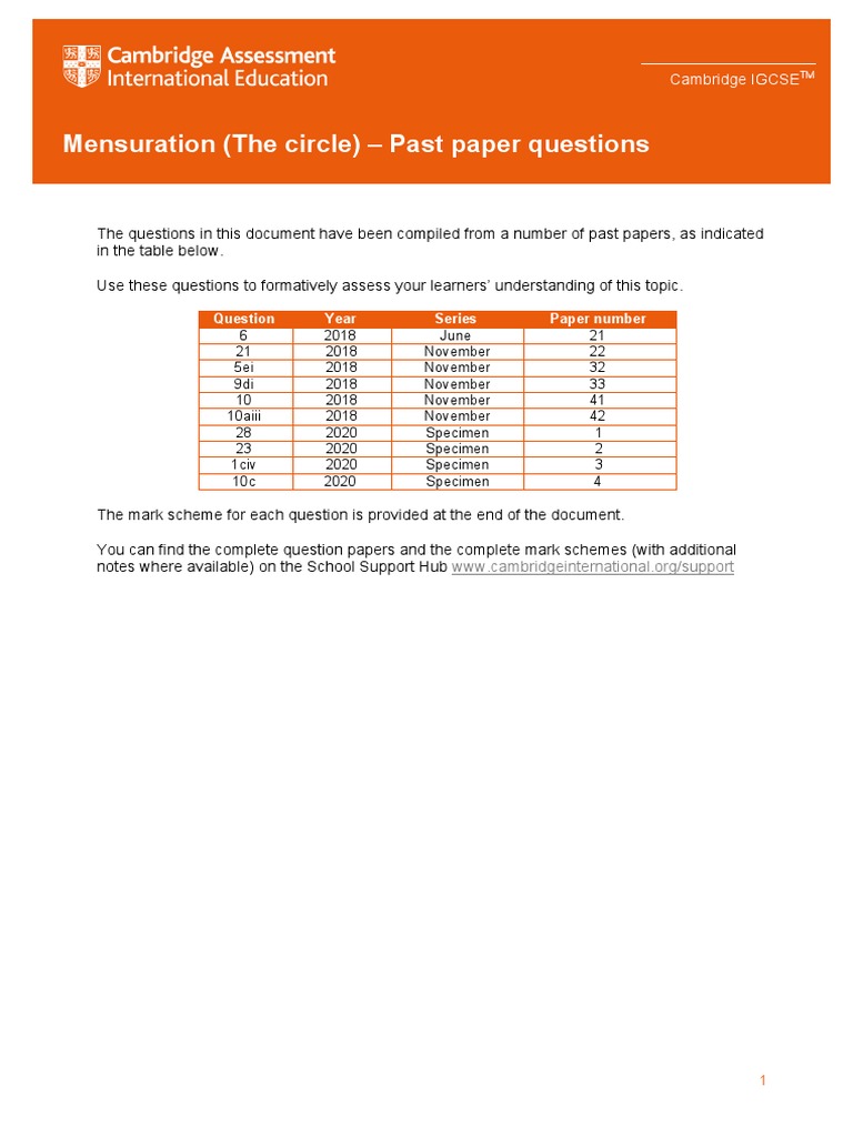 Mensuration (The Circle) - Past Paper Questions: Year Series Paper ...