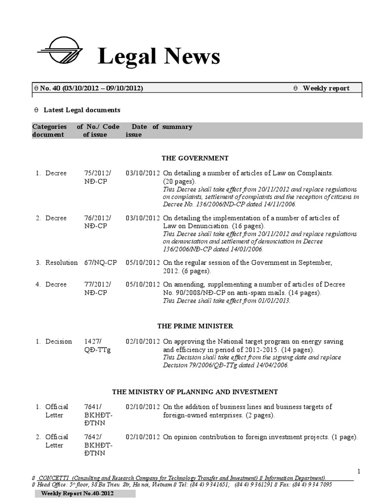Legal News: Categories of Document No./ Code of Issue Date of Issue ...