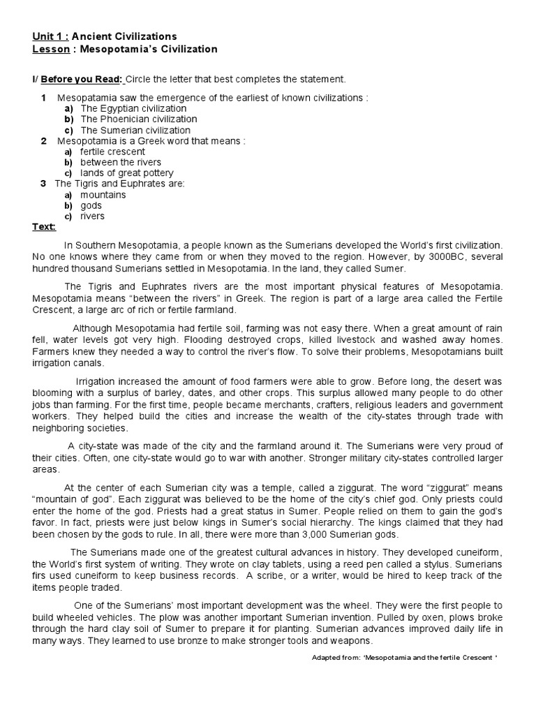 Unit 1: Ancient Civilizations Lesson: Mesopotamia's Civilization | PDF ...