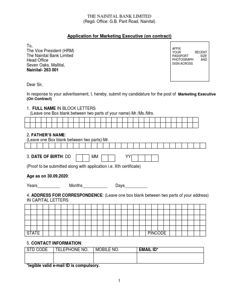Application For Marketing Executive (On Contract) : The Nainital Bank ...