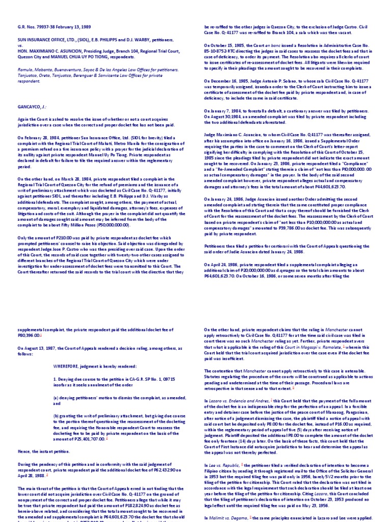 Sun Insurance Office Ltd. v. Asuncion, 170 SCRA 274 | PDF | Complaint ...