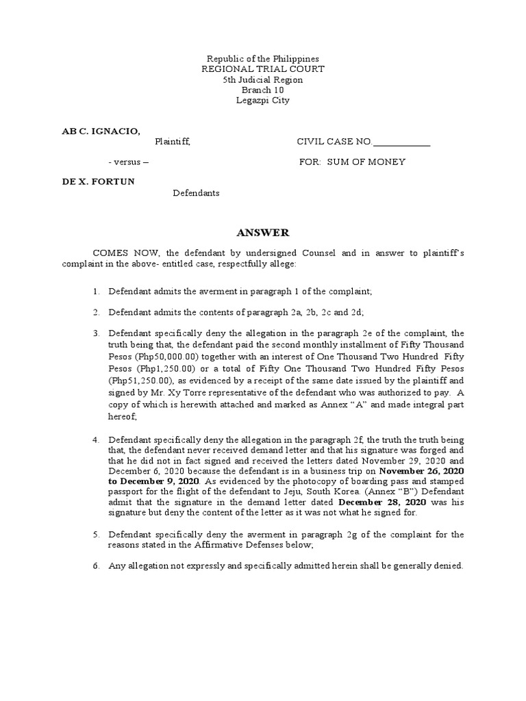 Answer To Complaint | PDF | Perjury | Affidavit