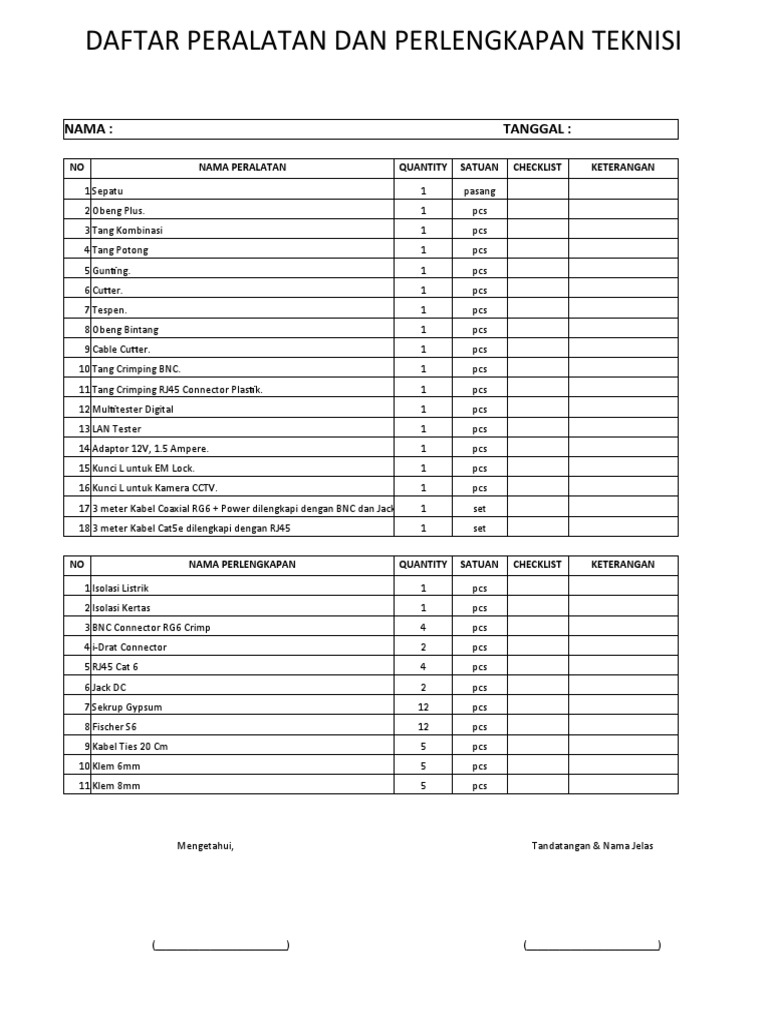 Cek List Barang Teknisi | PDF