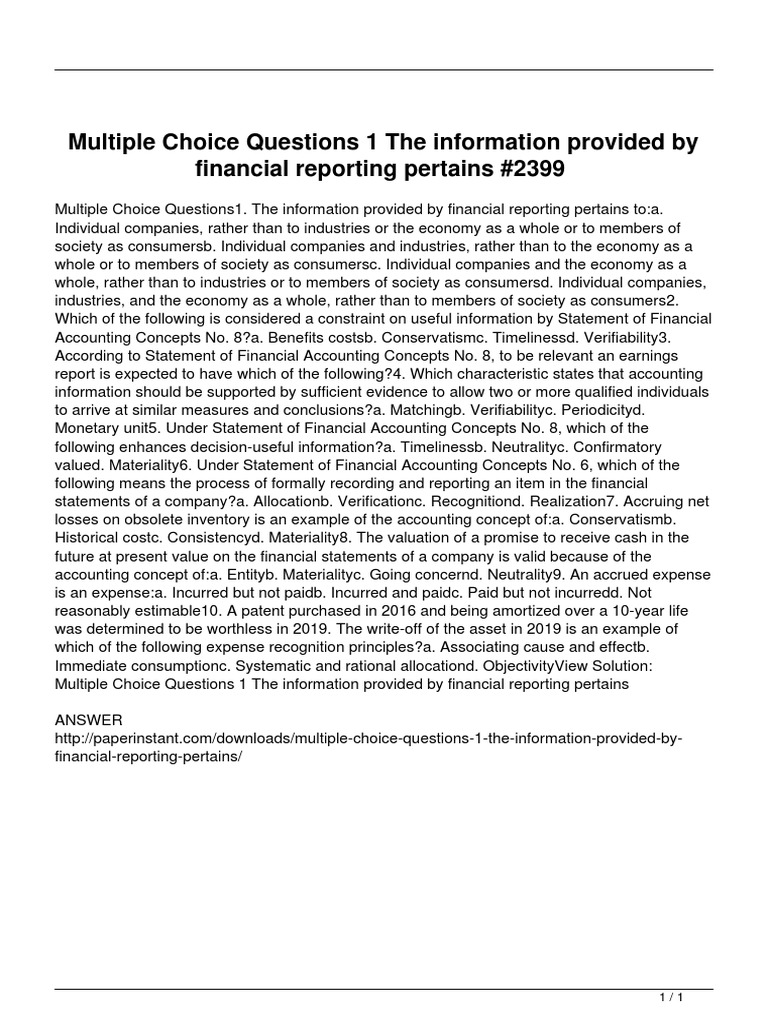 Multiple Choice Questions 1 The Information Provided by Financial ...