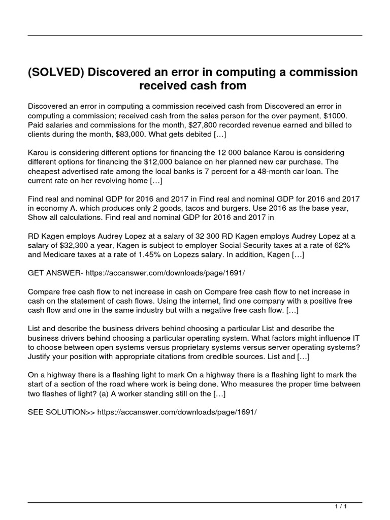 Solved Discovered An Error in Computing A Commission Received Cash From ...