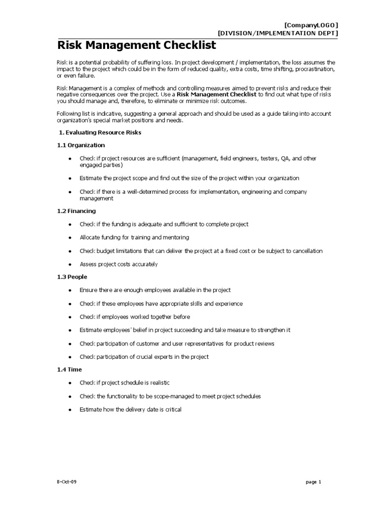 Risk Management Checklist | PDF | Risk Management | Risk