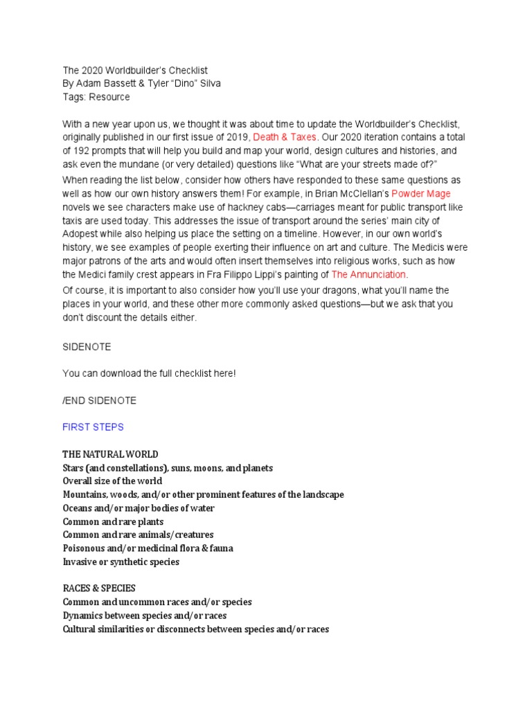 2020 Worldbuilding Checklist | PDF | Family | Cartography