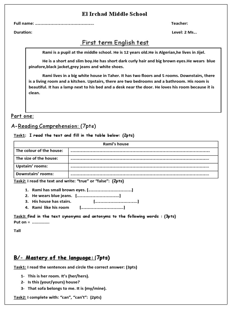 2MS - First English Exam - by Teacher Alif Zine | PDF