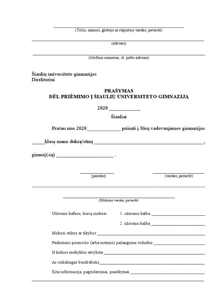 Prasymas Del Priemimo I Gimnazija Tevu | PDF