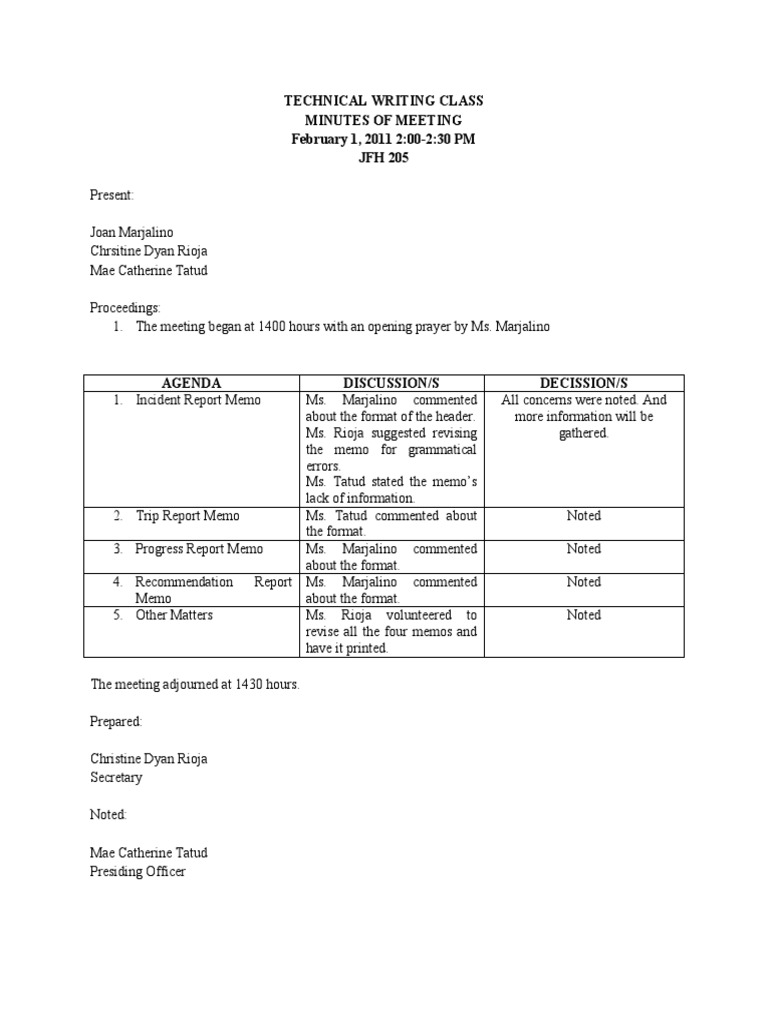 Technical Writing Class Meeting Minutes | PDF